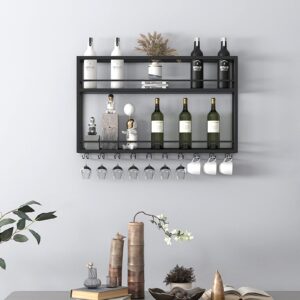 Industrial Wall Mounted Wine Rack, 2-Tier Wood Wine Bottle Shelf with Stemware Rack, Black Wine Glass Rack Multi Functional Wine Storage Display Rack for Home Bar Dining Room Kitchen (39.3×7.8×26in)