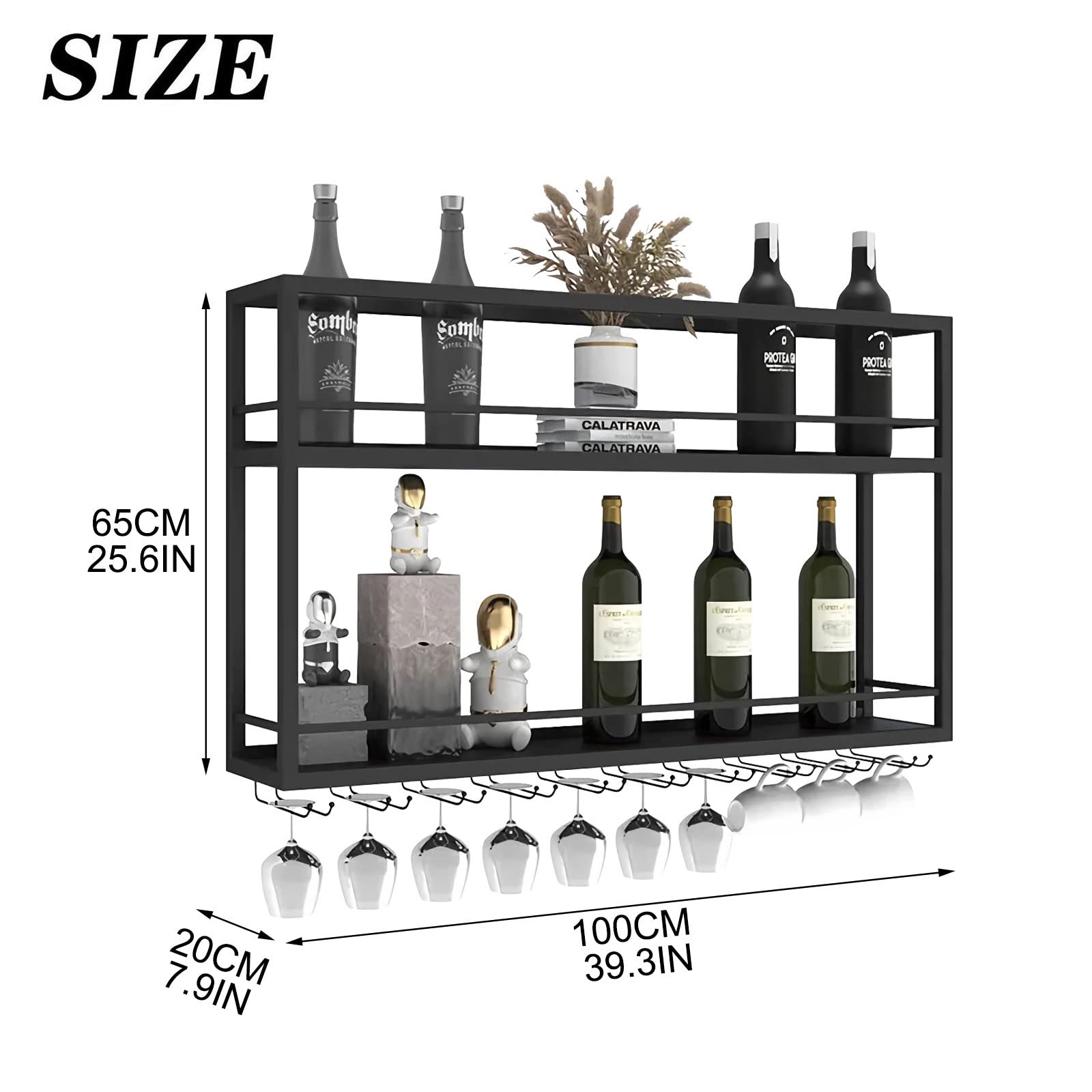 Industrial Wall Mounted Wine Rack, 2-Tier Wood Wine Bottle Shelf with Stemware Rack, Black Wine Glass Rack Multi Functional Wine Storage Display Rack for Home Bar Dining Room Kitchen (39.3×7.8×26in)