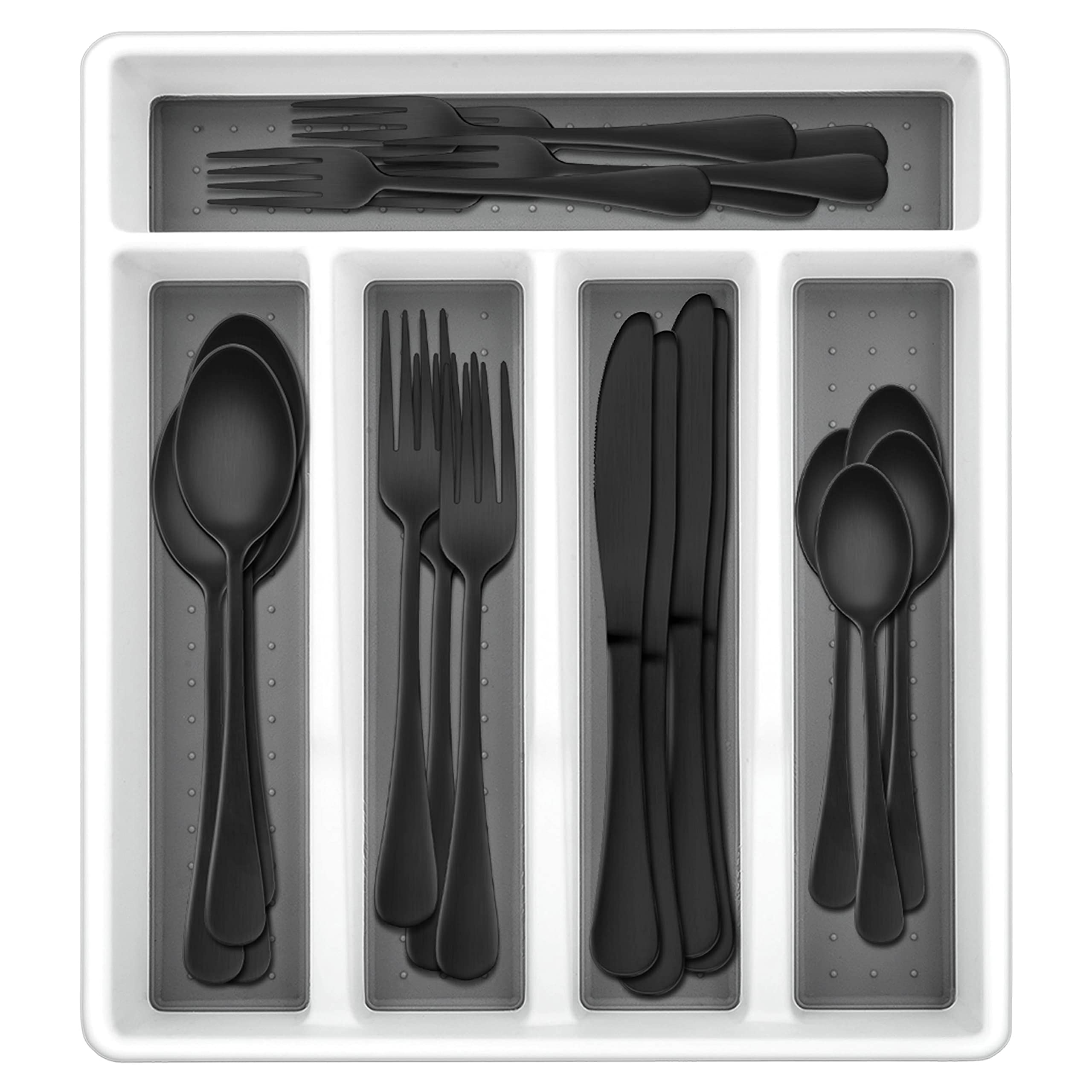 Herogo 30-Piece Matte Black Silverware Set with Drawer Organizer, Stainless Steel Flatware Cutlery Set for 6, Modern Tableware Eating Utensils Set with Tray, Dishwasher Safe, Satin Finish