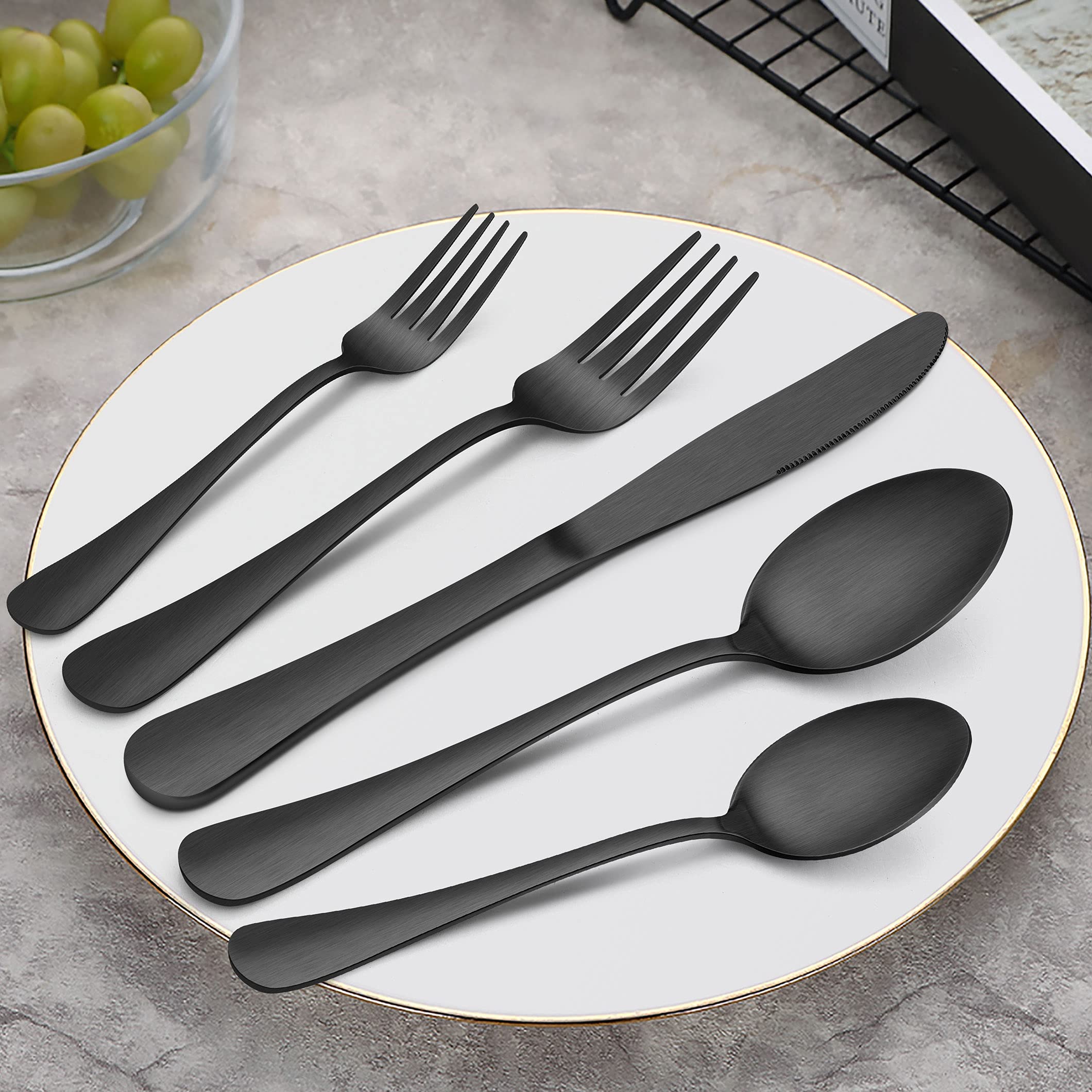 Herogo 30-Piece Matte Black Silverware Set with Drawer Organizer, Stainless Steel Flatware Cutlery Set for 6, Modern Tableware Eating Utensils Set with Tray, Dishwasher Safe, Satin Finish