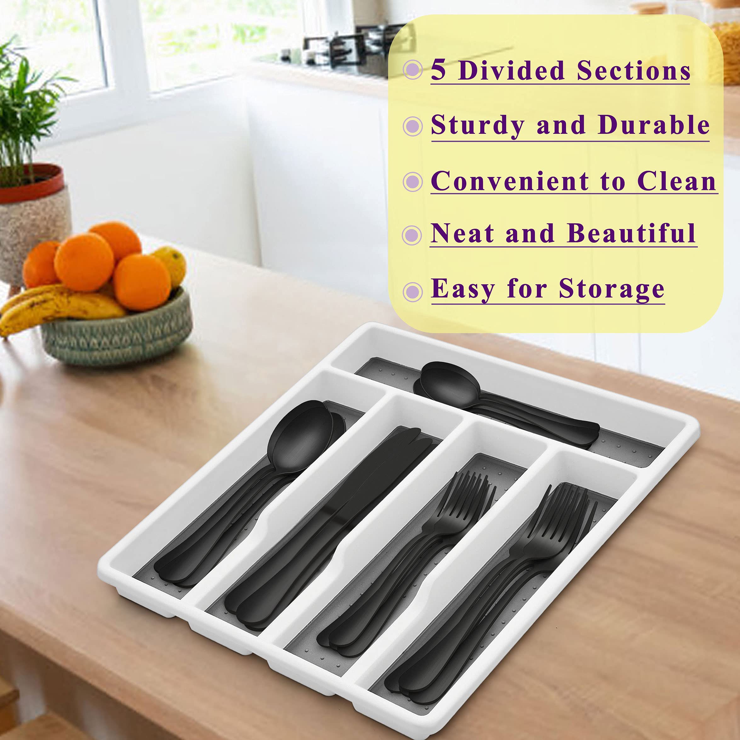 Herogo 30-Piece Matte Black Silverware Set with Drawer Organizer, Stainless Steel Flatware Cutlery Set for 6, Modern Tableware Eating Utensils Set with Tray, Dishwasher Safe, Satin Finish