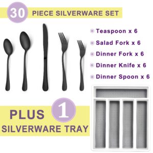 Herogo 30-Piece Matte Black Silverware Set with Drawer Organizer, Stainless Steel Flatware Cutlery Set for 6, Modern Tableware Eating Utensils Set with Tray, Dishwasher Safe, Satin Finish