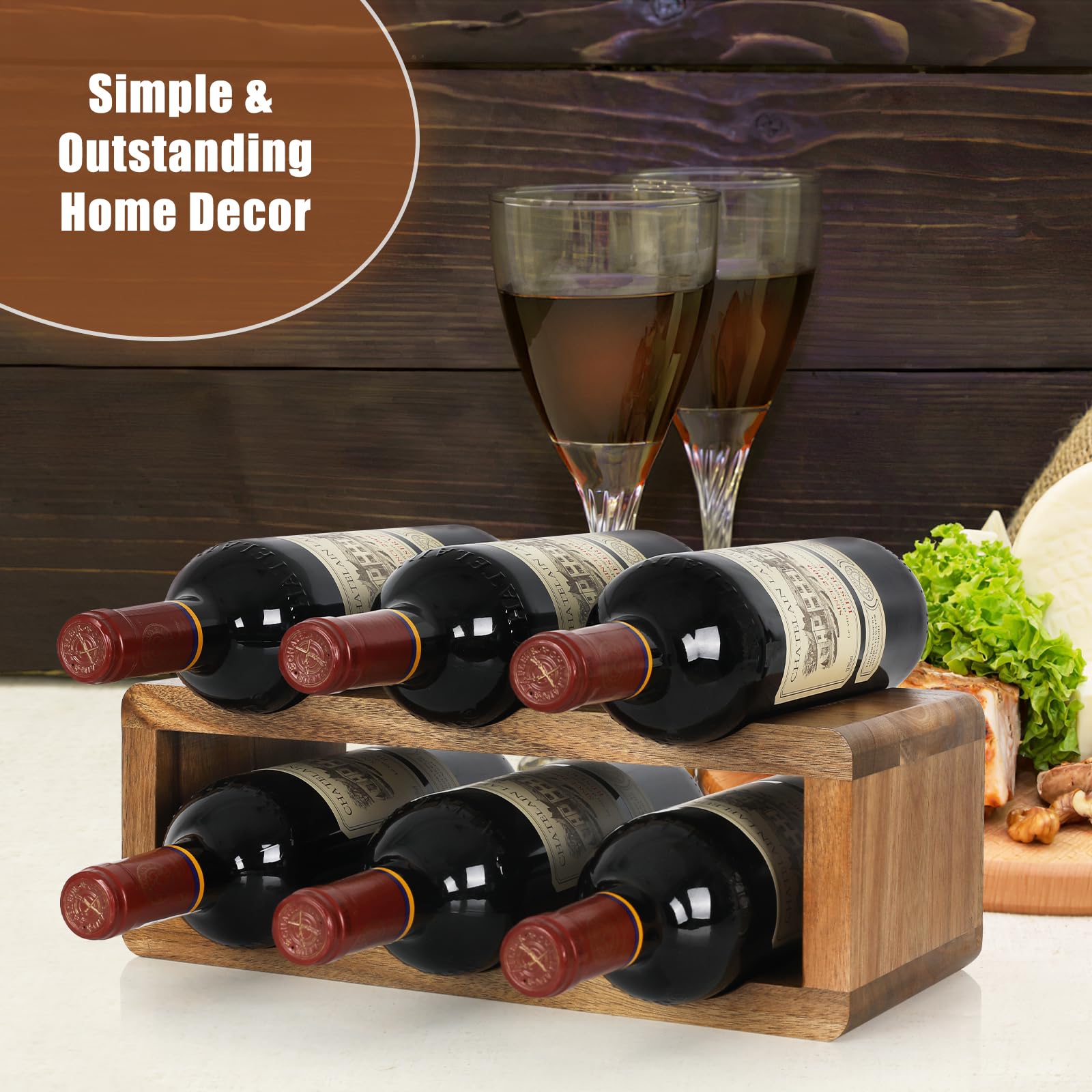 Jotboom Wine Racks Countertop,Acacia 6 Bottle Wine Rack,Wine Bottle Holder for Cabinets,Free Standing Small Wine Organizer Rack for Home Décor and Wine Gifts