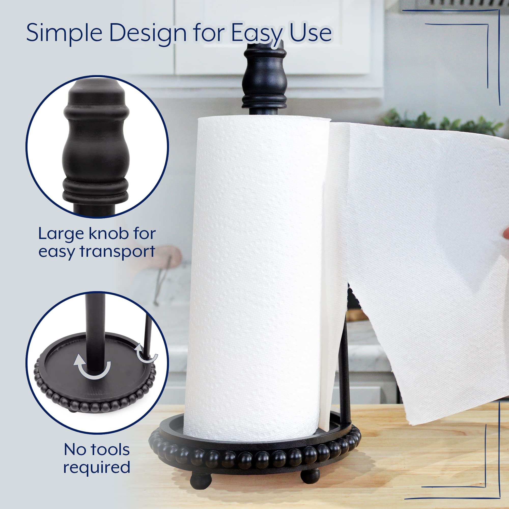 AuldHome Farmhouse Paper Towel Holder (Black); Wooden Beaded Rustic Disposable Towel Dispenser for Countertop