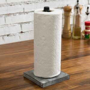 MyGift Industrial Pipe Metal Kitchen Countertop Paper Towel Roll Stand Holder with Rustic Gray Solid Wood Base