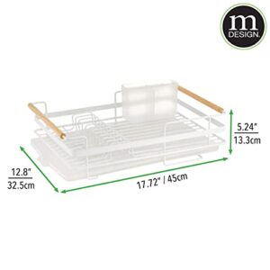 mDesign Modern Metal Kitchen Dish Drainer Drying Rack with Plastic Cutlery Tray, Drainboard, and Natural Wood Handles - Drip Drain Storage for Sink or Countertop - Matte White/Frost