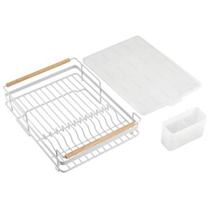 mDesign Modern Metal Kitchen Dish Drainer Drying Rack with Plastic Cutlery Tray, Drainboard, and Natural Wood Handles - Drip Drain Storage for Sink or Countertop - Matte White/Frost