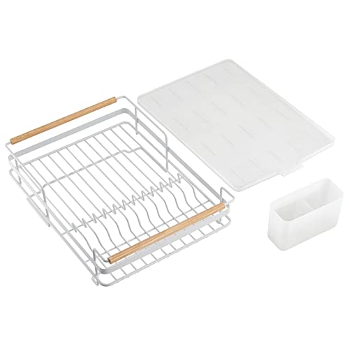 mDesign Modern Metal Kitchen Dish Drainer Drying Rack with Plastic Cutlery Tray, Drainboard, and Natural Wood Handles - Drip Drain Storage for Sink or Countertop - Matte White/Frost