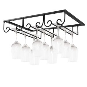 mocoum under cabinet wine glass rack stemware rack, wine glasses hanger rack wire wine glass holder storage hanger for cabinet kitchen bar (black, 3 rows 1 pack)