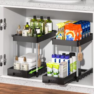 dusasa under sink organizer and storage with sliding drawer, 2 tier black plastic cabinet basket organizer with hooks, under cabinet storage for bathroom kitchen