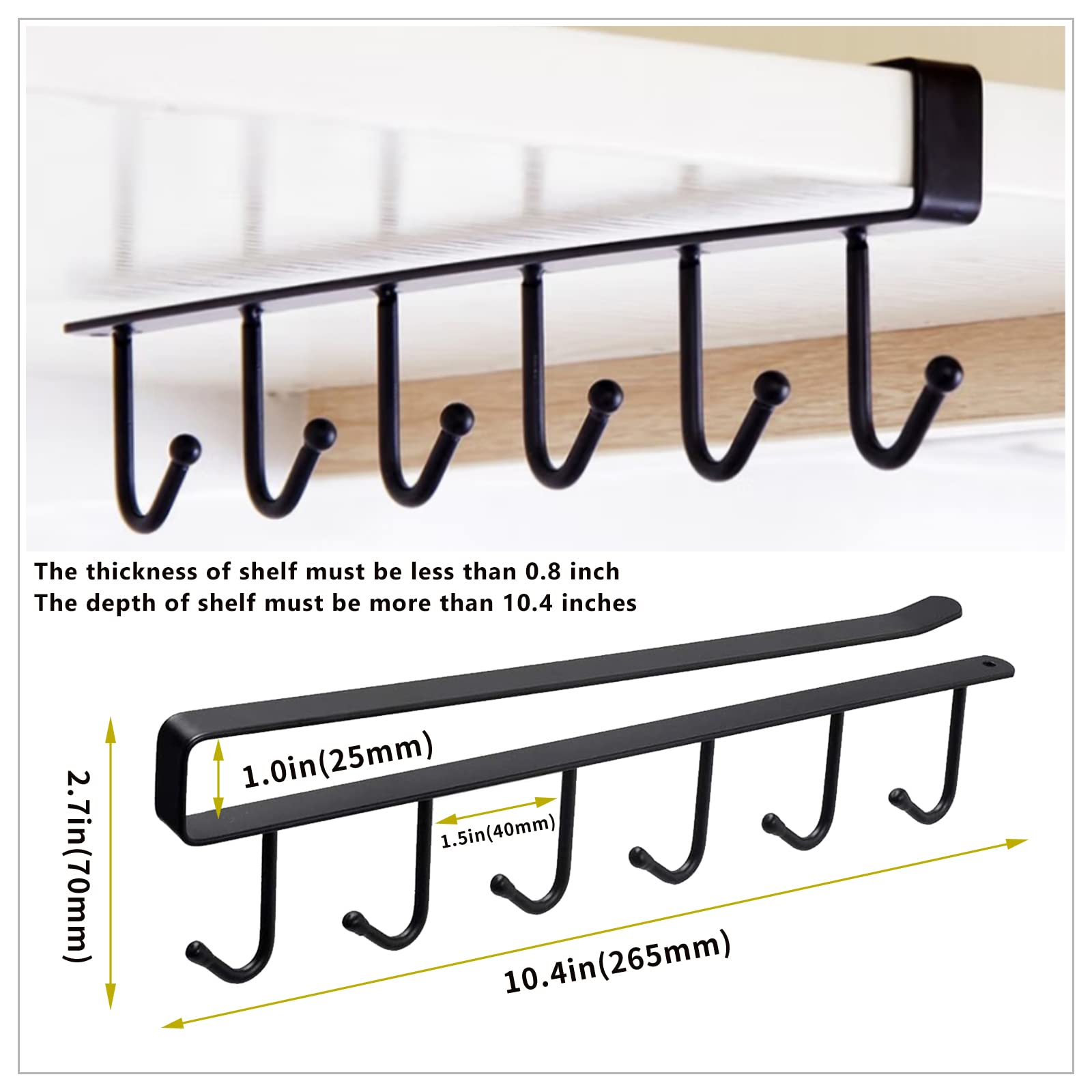 6-Hook Adhesive Mug Holder for Kitchen Cabinet/Kitchen Utensils/Brush/Cups,Fit for 0.8" Thickness Shelf or Less(2pcs Black)