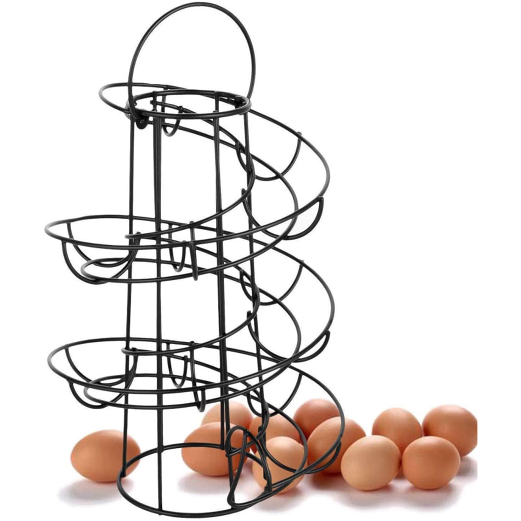 ShanLily Metal Egg Skelter Spiral Design Egg Dispenser Rack Holder With Storage Basket For Countertop Kitchen