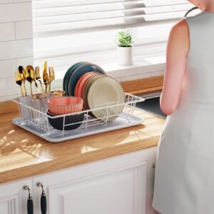 GSlife Dish Drying Rack for Kitchen Counter Small Dish Rack with Drainboard Tray Dish Racks Drainer for Kitchen Countertop, Snow White