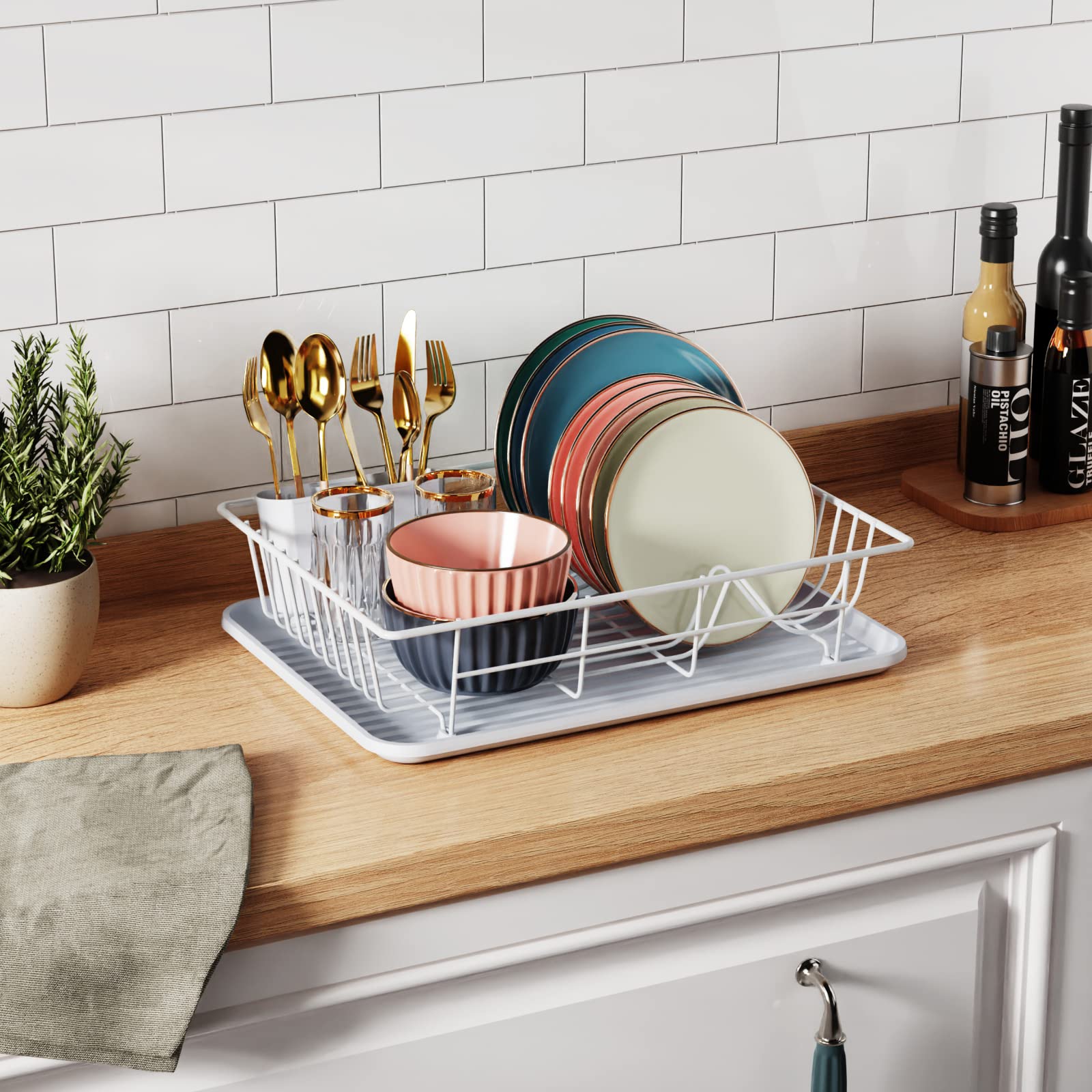 GSlife Dish Drying Rack for Kitchen Counter Small Dish Rack with Drainboard Tray Dish Racks Drainer for Kitchen Countertop, Snow White