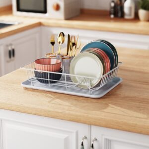 GSlife Dish Drying Rack for Kitchen Counter Small Dish Rack with Drainboard Tray Dish Racks Drainer for Kitchen Countertop, Snow White