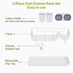 GSlife Dish Drying Rack for Kitchen Counter Small Dish Rack with Drainboard Tray Dish Racks Drainer for Kitchen Countertop, Snow White