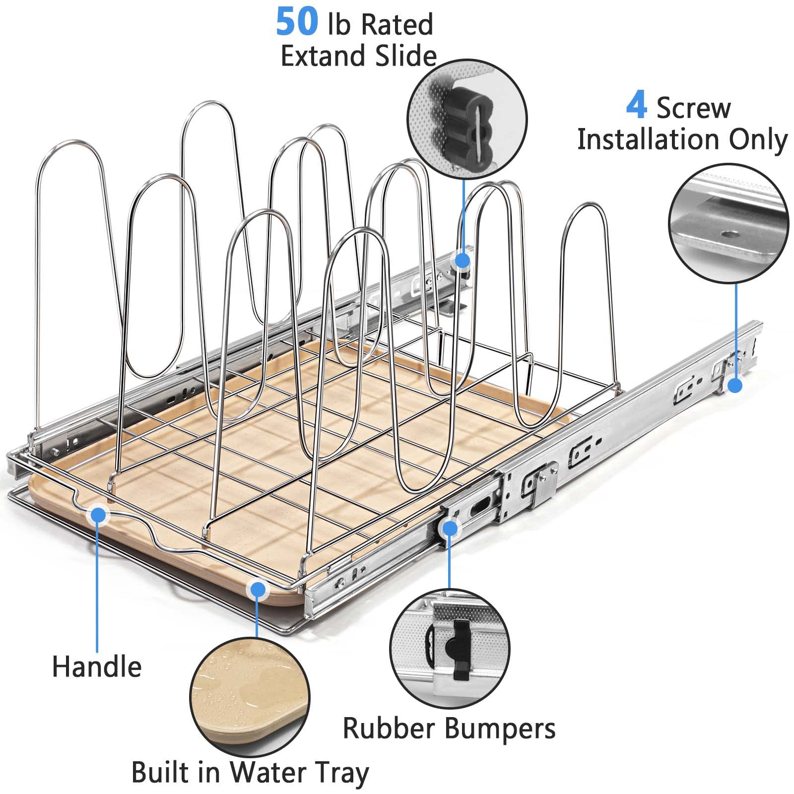 Pull Out Pot and Pan Organizer for Cabinet, Slide Out Pans and Pots Lid Holder Cutting Board Organizer (Include Water Tray)