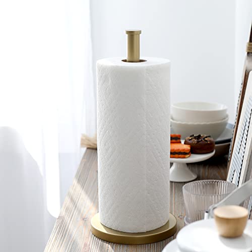 Swallowliving Gold Paper Towel Holder Countertop, Modern Weighted Vertical Paper Towel Stand for Kitchen Counter Top, Farmhouse Free Standing Paper Roll Holder Dispensers