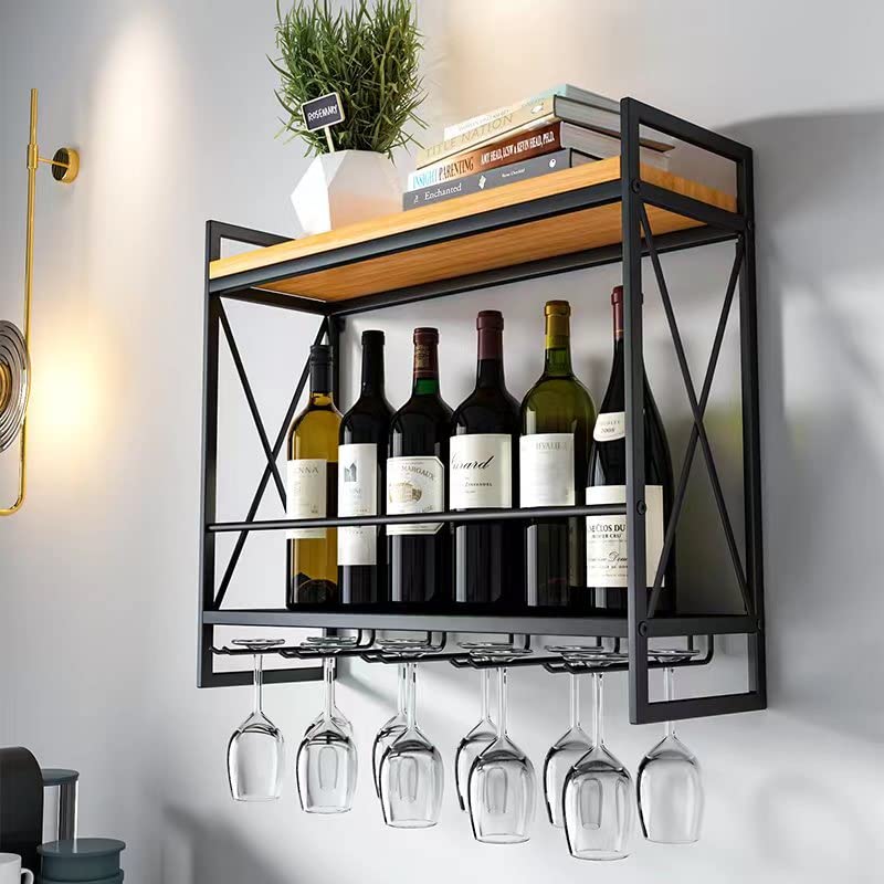 Fhesap Industrial Wine Rack Wall Mounted, Wall Wine Rack, Hanging Wine Rack, Wall Wine Racks for Wine Bottles, Wine Rack with Glass Holder, Metal Bar Rack, 2 Tier Wood Rack with 5 Goblet Holders