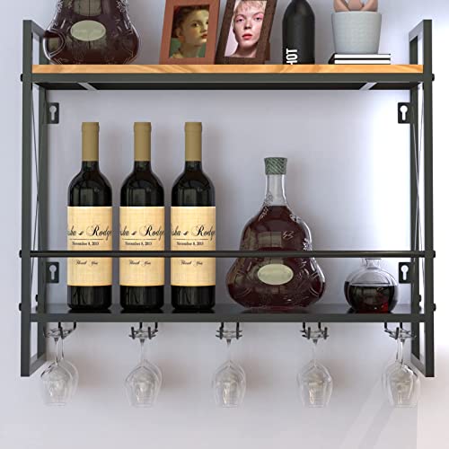 Fhesap Industrial Wine Rack Wall Mounted, Wall Wine Rack, Hanging Wine Rack, Wall Wine Racks for Wine Bottles, Wine Rack with Glass Holder, Metal Bar Rack, 2 Tier Wood Rack with 5 Goblet Holders