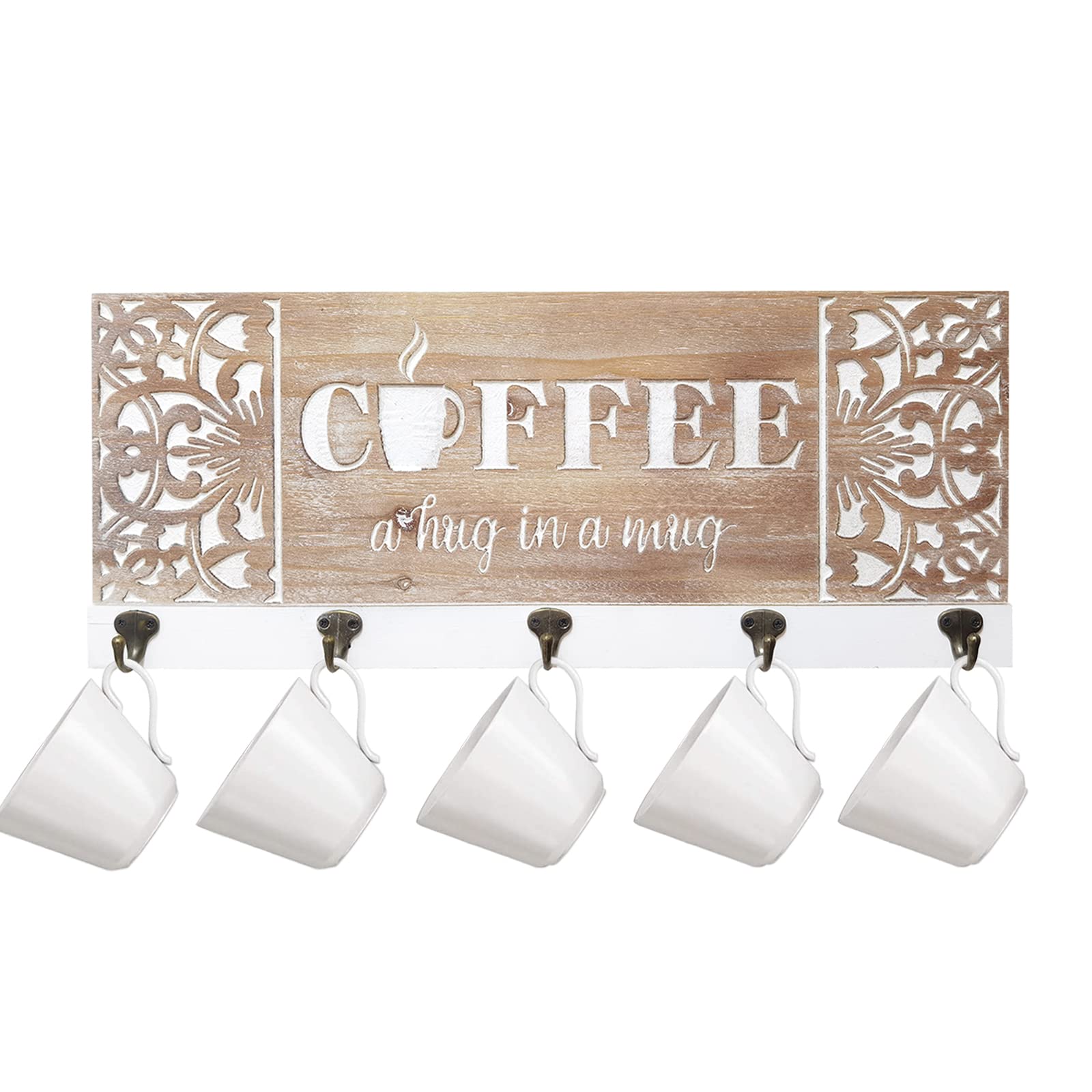 Gatheroad 24" L Vintage Farmhouse Wooden Carved Coffee Sign with 5 Hooks Mugs Rack Tea Cups Holder Wall Mounted Cup Organizer Display for Kitchen, Home, Coffee Bar, Pantry Cabinet