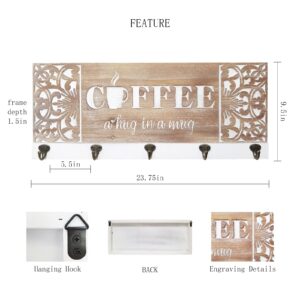 Gatheroad 24" L Vintage Farmhouse Wooden Carved Coffee Sign with 5 Hooks Mugs Rack Tea Cups Holder Wall Mounted Cup Organizer Display for Kitchen, Home, Coffee Bar, Pantry Cabinet