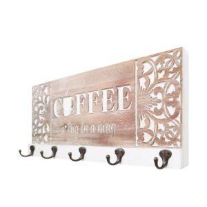 Gatheroad 24" L Vintage Farmhouse Wooden Carved Coffee Sign with 5 Hooks Mugs Rack Tea Cups Holder Wall Mounted Cup Organizer Display for Kitchen, Home, Coffee Bar, Pantry Cabinet