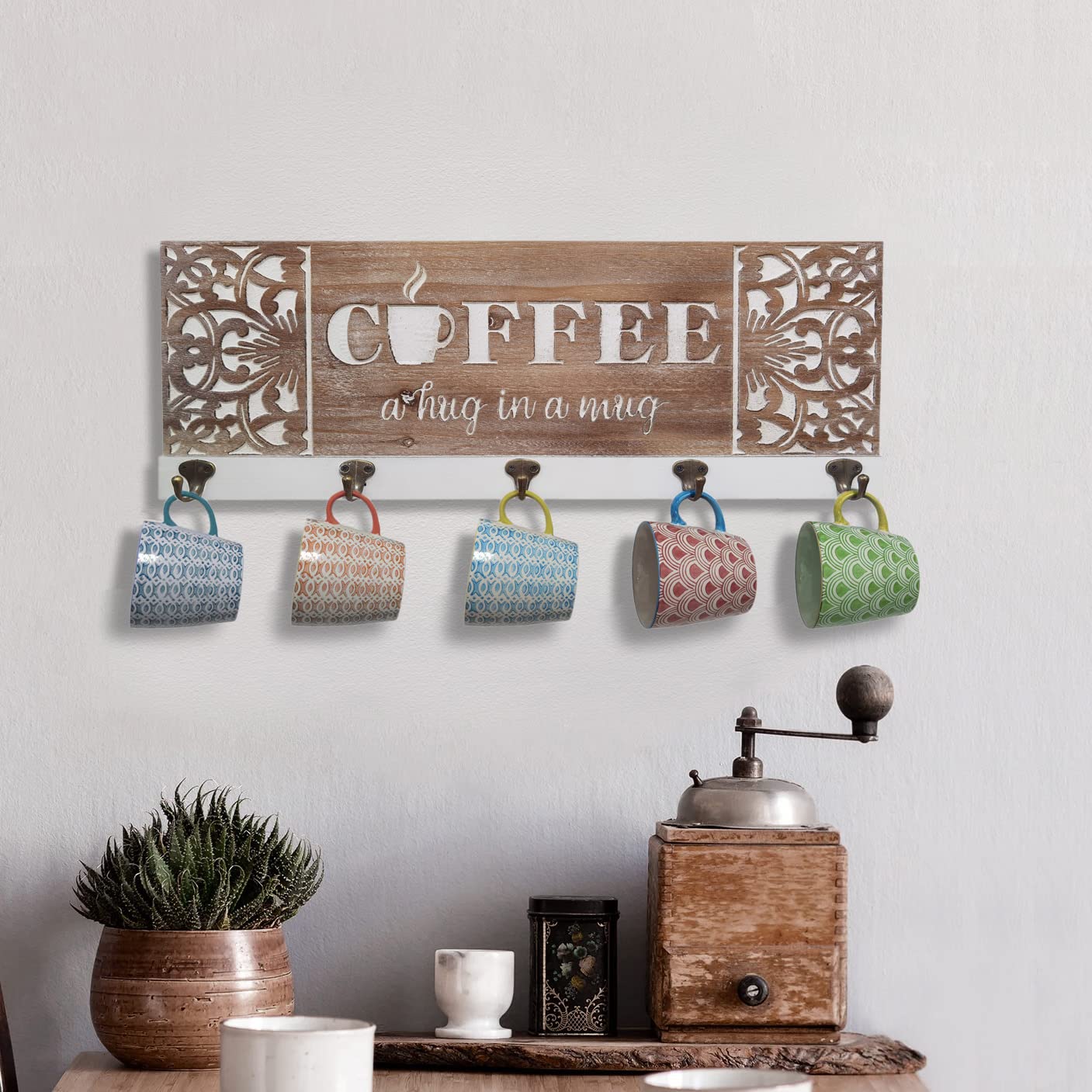 Gatheroad 24" L Vintage Farmhouse Wooden Carved Coffee Sign with 5 Hooks Mugs Rack Tea Cups Holder Wall Mounted Cup Organizer Display for Kitchen, Home, Coffee Bar, Pantry Cabinet