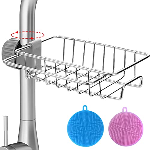 sponge holder for kitchen sink, stainless steel rotatable storage rack, Hanging Faucet Stand, with silicone cleaning brush, suitable for t in kitchen, bathroom,etc. (Faucet Rack with Towel Rack)