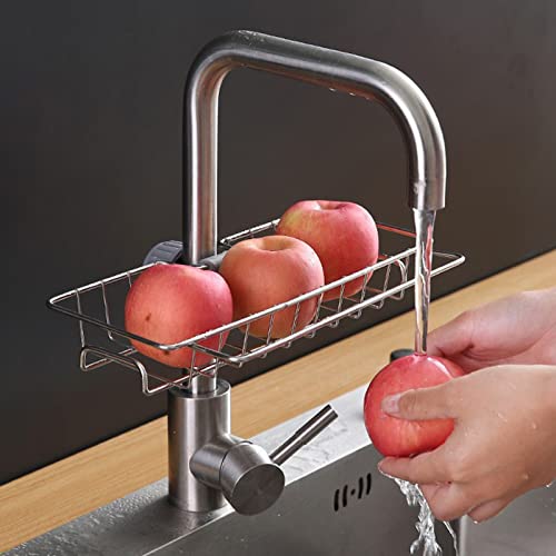 sponge holder for kitchen sink, stainless steel rotatable storage rack, Hanging Faucet Stand, with silicone cleaning brush, suitable for t in kitchen, bathroom,etc. (Faucet Rack with Towel Rack)