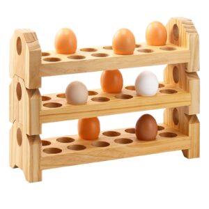 rtteri 3 pcs wooden egg holder countertop stackable egg basket for collecting eggs 36 egg holes farmhouse rustic fresh egg tray rack deviled egg storage for kitchen refrigerator, 14x3.9x3.9 inch