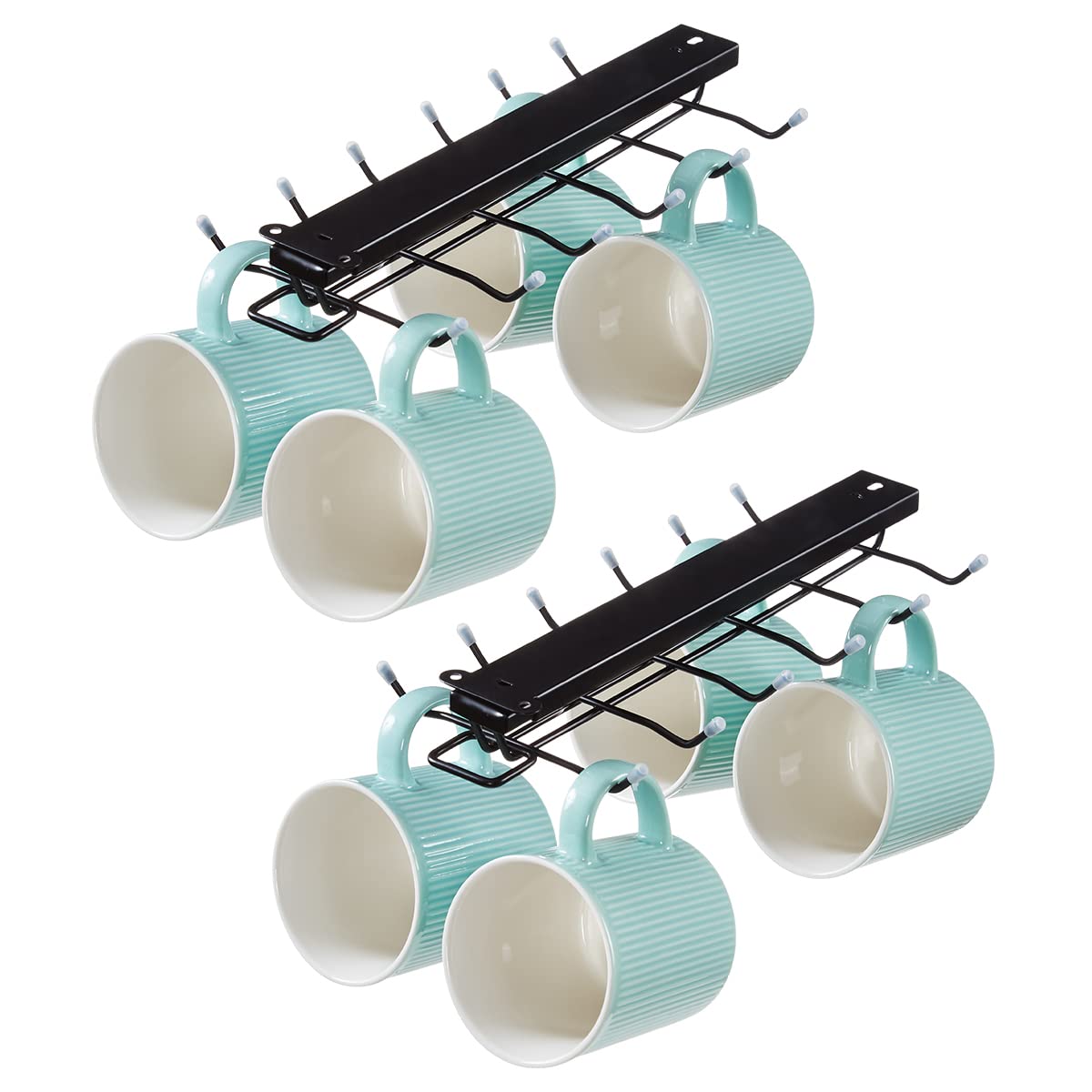 LiaMeE Sliding Mug Holder Under Cabinet, Pull-Out Hanging Cup Organizer with 12 Hooks for Coffee Bar Shelf, Metal Utensils Drying Hangers for Kitchen Storage (Black, Set of 2)