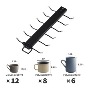 LiaMeE Sliding Mug Holder Under Cabinet, Pull-Out Hanging Cup Organizer with 12 Hooks for Coffee Bar Shelf, Metal Utensils Drying Hangers for Kitchen Storage (Black, Set of 2)