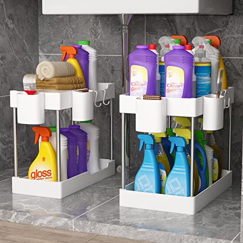 2 Pack Under Sink Organizer- Stackable 2 Tier Bathroom Storage Organizers and Storage with Hanging Cup and Hooks, White Under Sink Shelf Rack for Bathroom Kitchen Countertop Office Cabinets,White