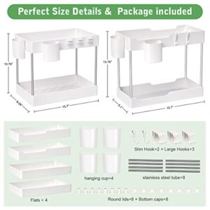 2 Pack Under Sink Organizer- Stackable 2 Tier Bathroom Storage Organizers and Storage with Hanging Cup and Hooks, White Under Sink Shelf Rack for Bathroom Kitchen Countertop Office Cabinets,White