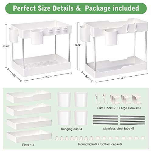 2 Pack Under Sink Organizer- Stackable 2 Tier Bathroom Storage Organizers and Storage with Hanging Cup and Hooks, White Under Sink Shelf Rack for Bathroom Kitchen Countertop Office Cabinets,White