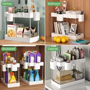 2 Pack Under Sink Organizer- Stackable 2 Tier Bathroom Storage Organizers and Storage with Hanging Cup and Hooks, White Under Sink Shelf Rack for Bathroom Kitchen Countertop Office Cabinets,White