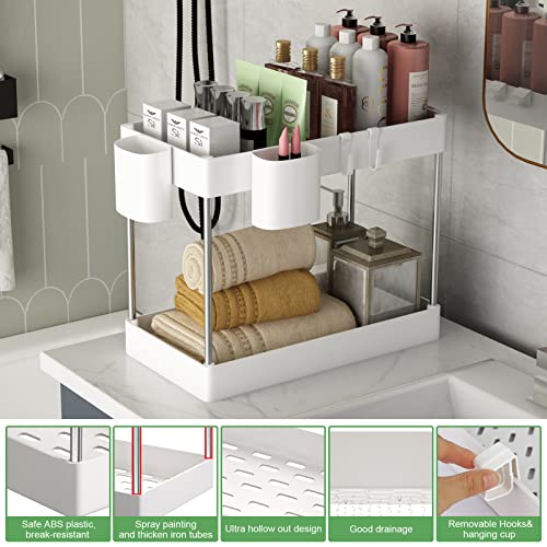 2 Pack Under Sink Organizer- Stackable 2 Tier Bathroom Storage Organizers and Storage with Hanging Cup and Hooks, White Under Sink Shelf Rack for Bathroom Kitchen Countertop Office Cabinets,White