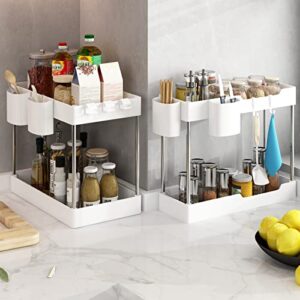 2 Pack Under Sink Organizer- Stackable 2 Tier Bathroom Storage Organizers and Storage with Hanging Cup and Hooks, White Under Sink Shelf Rack for Bathroom Kitchen Countertop Office Cabinets,White