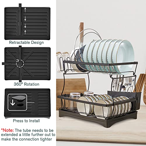 Large Dish Drying Rack with Drainboard Set, 2 Tiers Detachable Dish Racks for Kitchen Counter with Adjustable Swivel Drainage, Dish Drainer Dishwasher Rack with Cup Holders, Dish Drying Mat