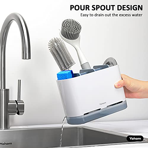 YOHOM Kitchen Scrub Brush Holder for Sink Sponge Caddy Countertop Organizer Plastic Dish Brush Sponge Holder with Drain Tray