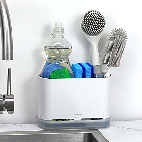 YOHOM Kitchen Scrub Brush Holder for Sink Sponge Caddy Countertop Organizer Plastic Dish Brush Sponge Holder with Drain Tray