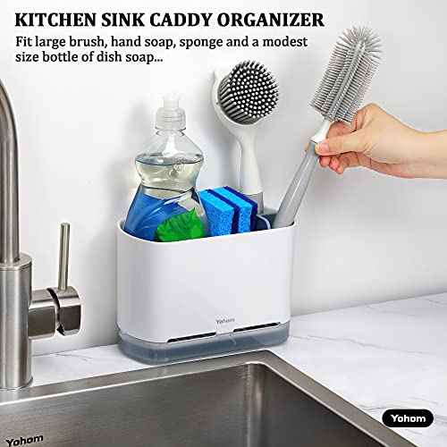 YOHOM Kitchen Scrub Brush Holder for Sink Sponge Caddy Countertop Organizer Plastic Dish Brush Sponge Holder with Drain Tray