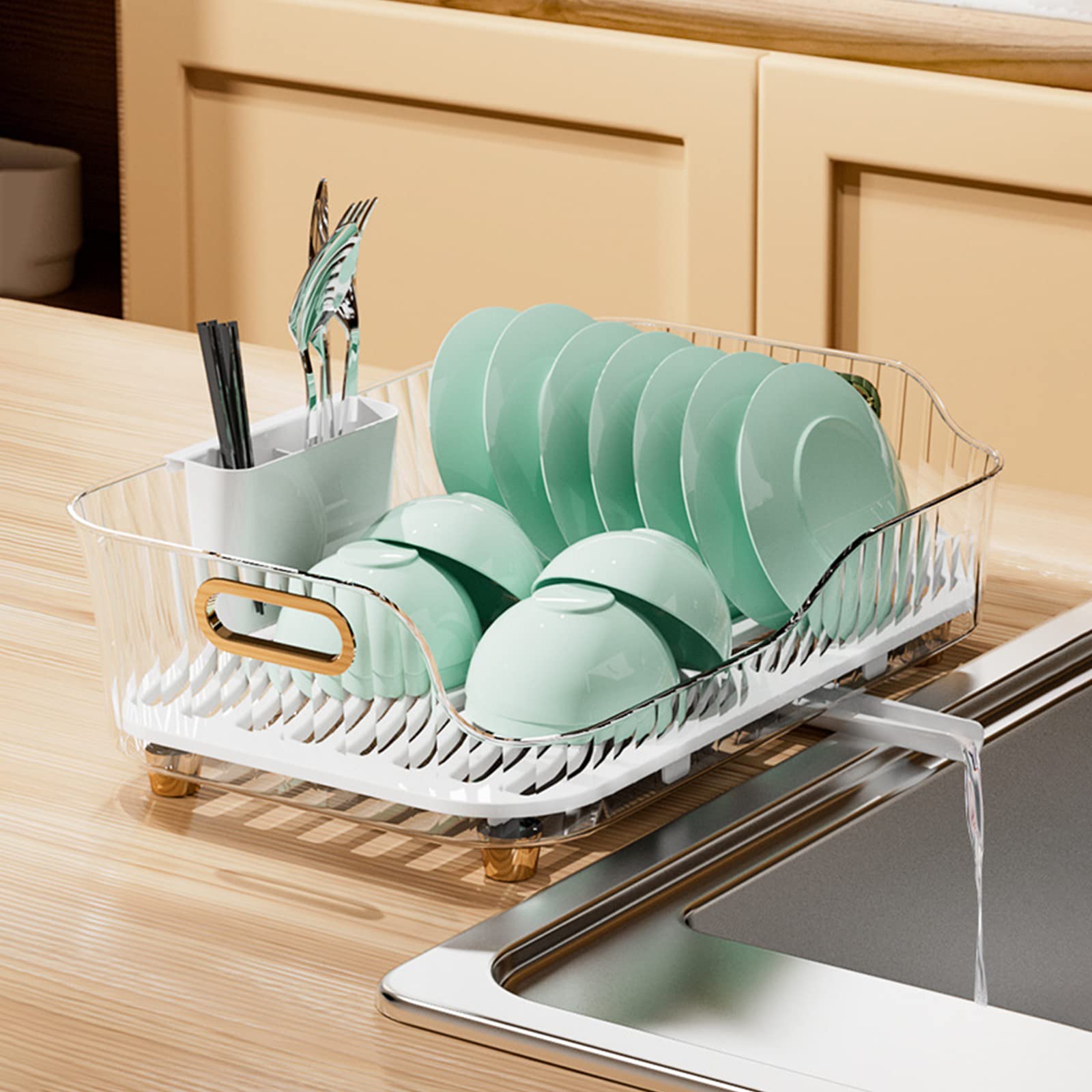 Dish Drying Rack with Drainboard, Kitchen Dish Drainer Rack in Sink, Dish Rack for Kitchen Counter Cabinet with Adjustable Swivel Spout, Removable Plastic Drainer Tray with Utensil Holder. (Clear)