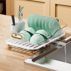 Dish Drying Rack with Drainboard, Kitchen Dish Drainer Rack in Sink, Dish Rack for Kitchen Counter Cabinet with Adjustable Swivel Spout, Removable Plastic Drainer Tray with Utensil Holder. (Clear)