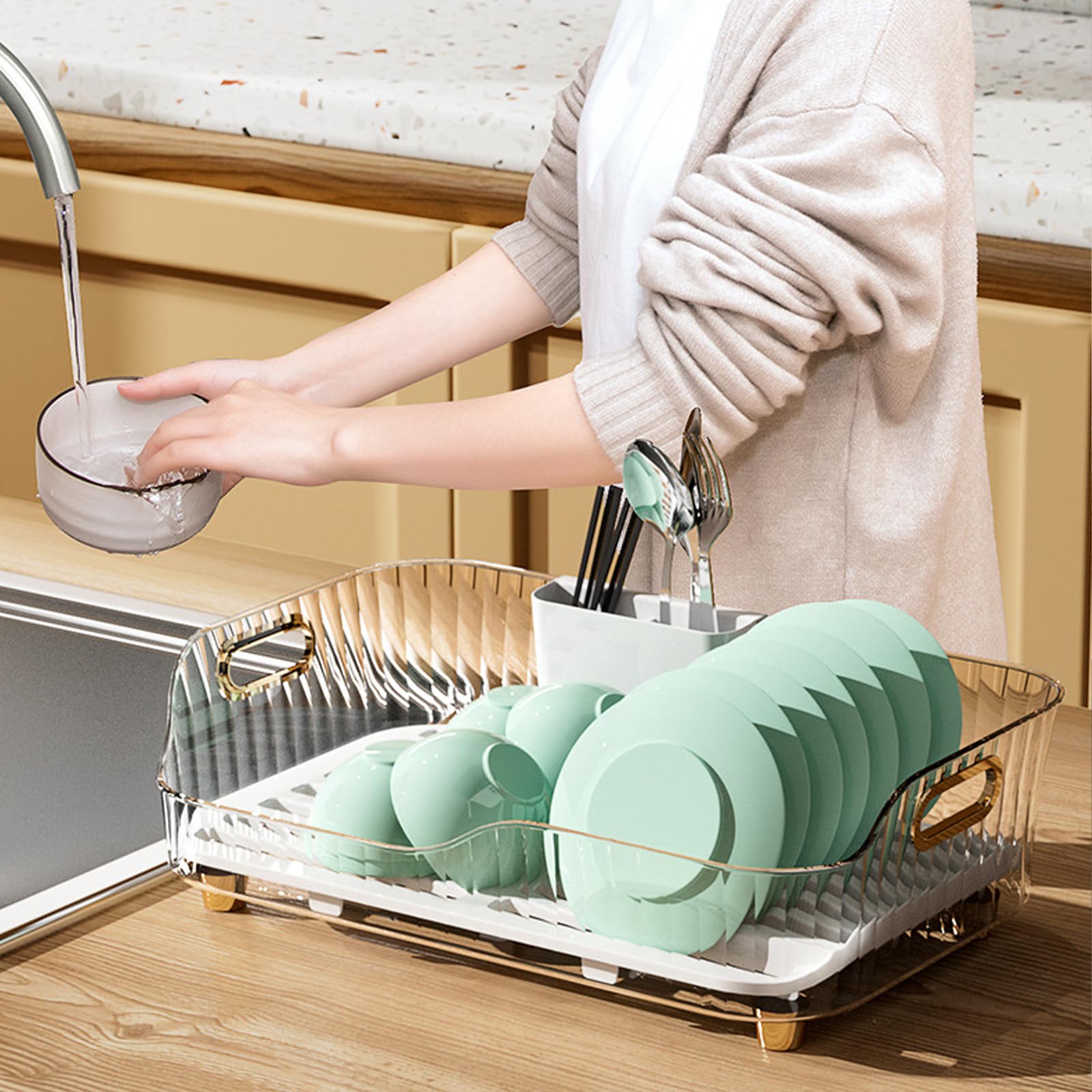 Dish Drying Rack with Drainboard, Kitchen Dish Drainer Rack in Sink, Dish Rack for Kitchen Counter Cabinet with Adjustable Swivel Spout, Removable Plastic Drainer Tray with Utensil Holder. (Clear)