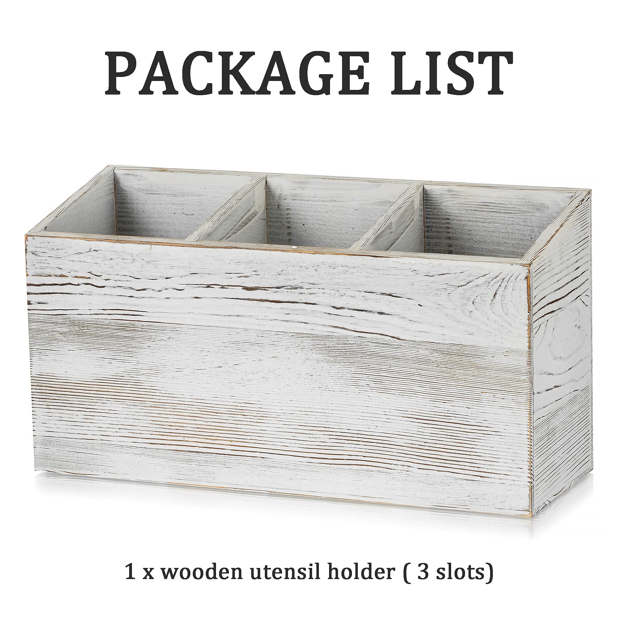 Hanobe Large Wooden Utensil Holder: Rustic Farmhouse Wood Cutlery Caddy 3 Compartment Silverware Countertop Organizer Distressed White Washed Flatware Storage for Kitchen Dinning Table