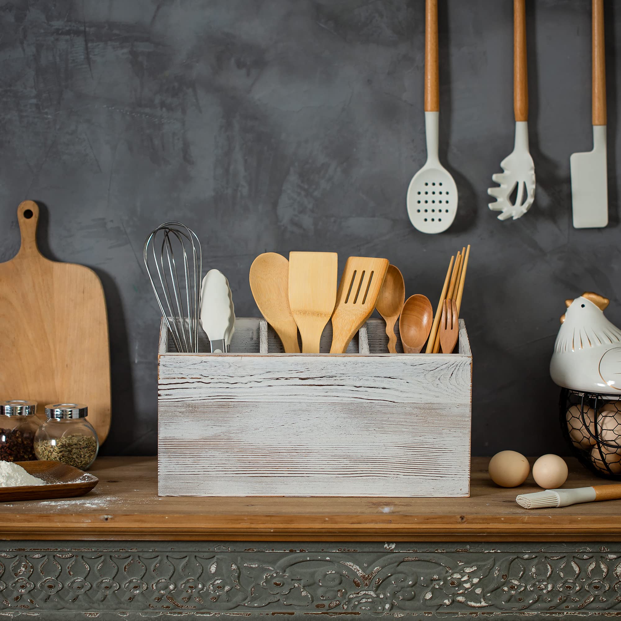 Hanobe Large Wooden Utensil Holder: Rustic Farmhouse Wood Cutlery Caddy 3 Compartment Silverware Countertop Organizer Distressed White Washed Flatware Storage for Kitchen Dinning Table