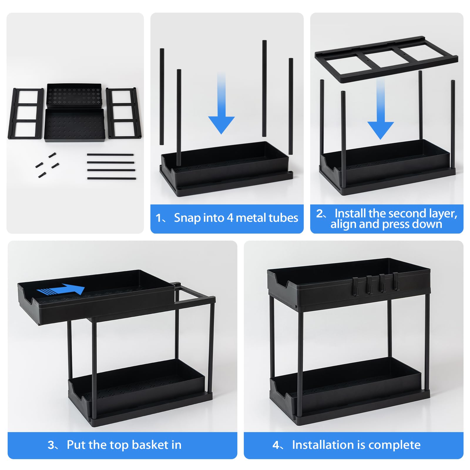 2-Tier Under Sink Organizer Storage, Double Sliding Under Cabinet Basket Organizer with 2 Pull Out Drawers & 4 Hooks, Multi-Purpose Under Shelf Organizer for Bathroom Kitchen (2 Pack)