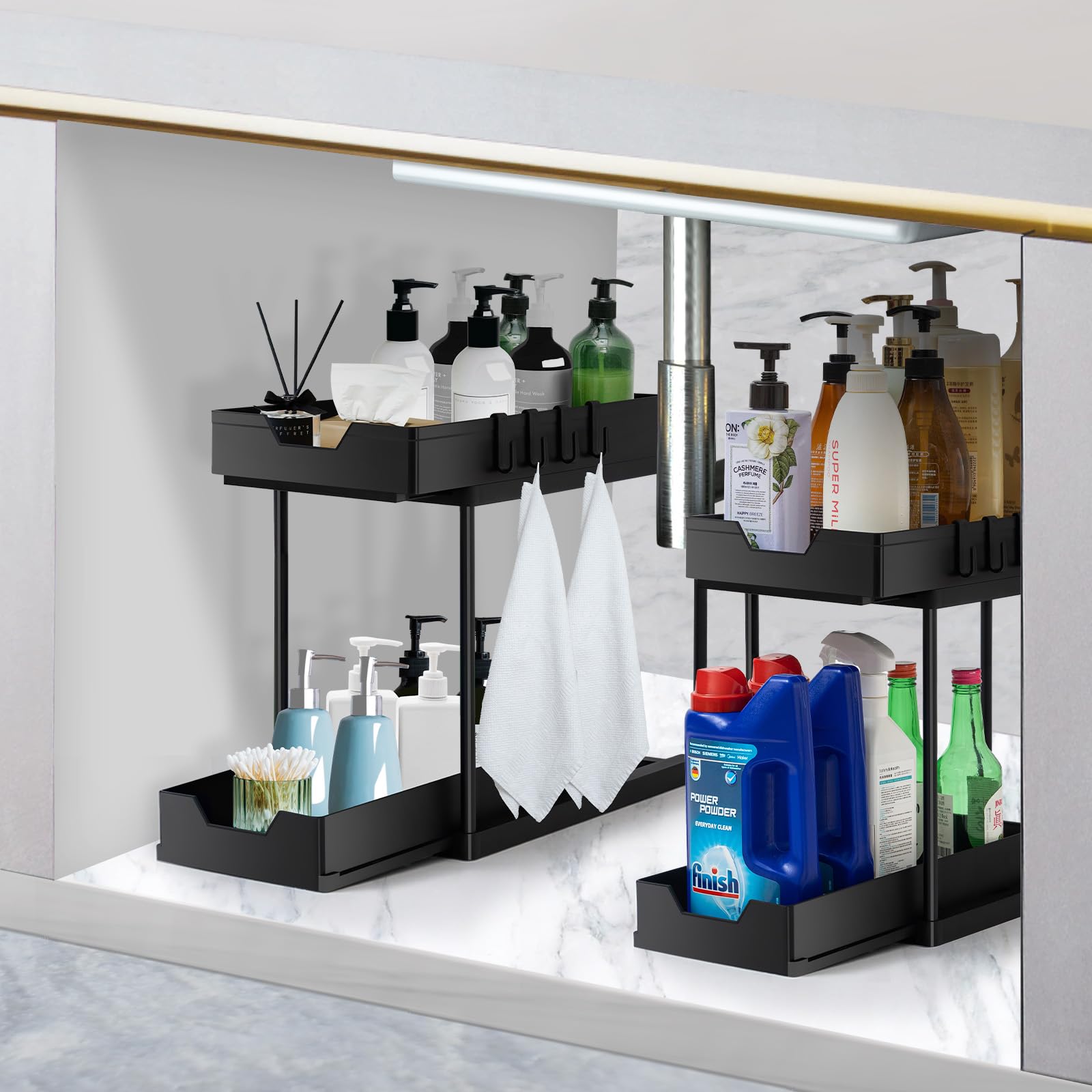 2-Tier Under Sink Organizer Storage, Double Sliding Under Cabinet Basket Organizer with 2 Pull Out Drawers & 4 Hooks, Multi-Purpose Under Shelf Organizer for Bathroom Kitchen (2 Pack)